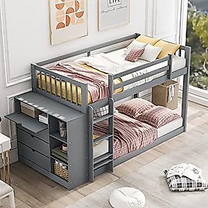 P PURLOVE Twin Over Twin Bunk Bed with Attached Cabinet and Shelves Storage, Wooden Bunk Bed Frame with Ladder and Guardrail, for Teens Girls Boys, Gray