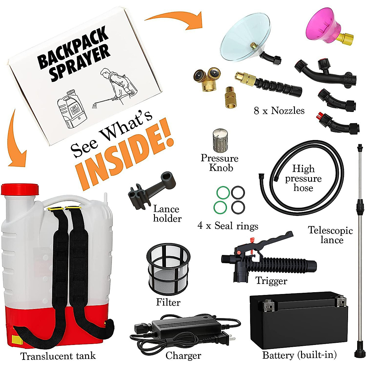 4.2 Gallon Battery Powered Backpack Sprayer - 8 Nozzles, 100PSI Cutoff Pressure, Long Battery Life, Wide Mouth, High-Pressure Spray Hose, Trigger Lock, Pressure Knob Controller