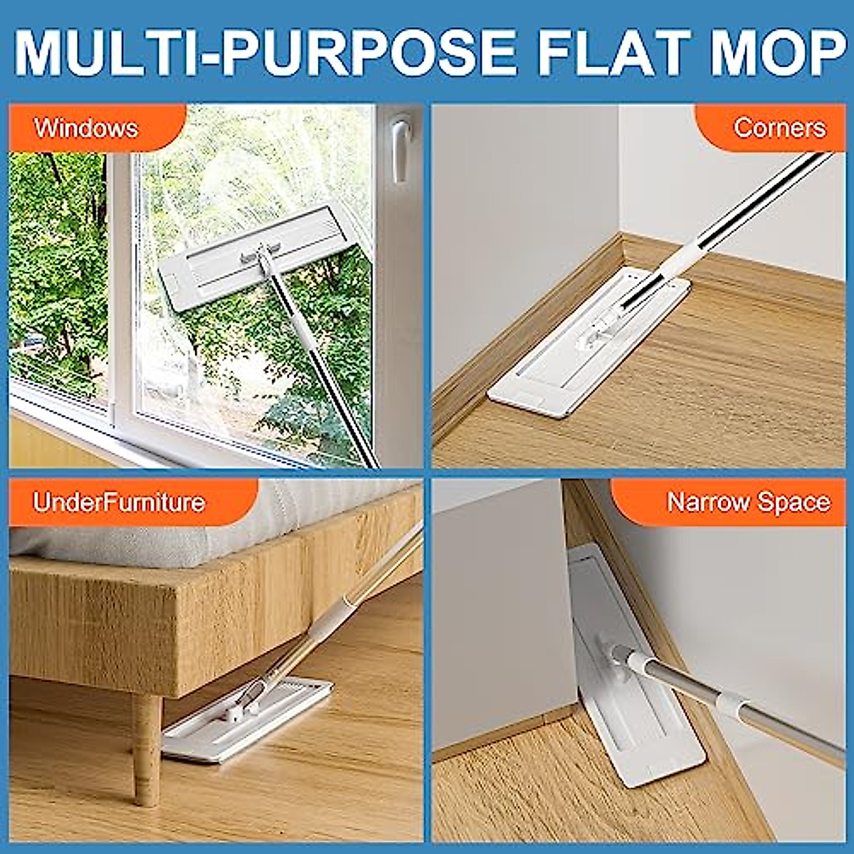 JEOPEM Flat Mop and Bucket with Wringer Set System, Mops for Hardwood Floor Cleaning with 4pcs Washable Microfiber Pads, Wet and Dry Use, Wood Floor Cleaner, Large Mop Head Length 38CM