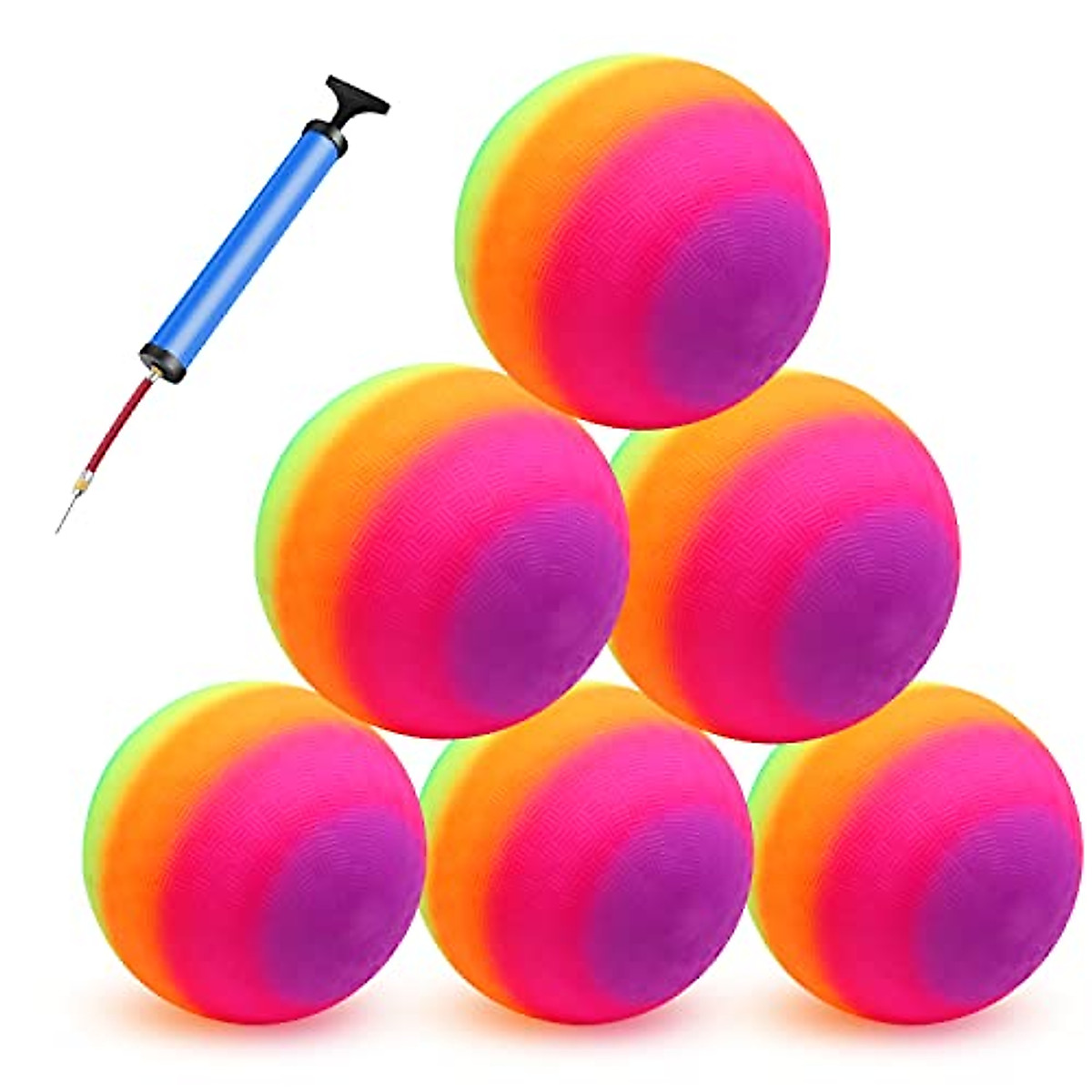 Zantrech 6 Pack Playground Balls Kickballs Dodgeballs, 8.5 Inch Rainbow Playground Ball Set for Kids and Adults, Handball Gaga Ball Four Square Balls for Outdoor Schoolyard Games with Hand Pump