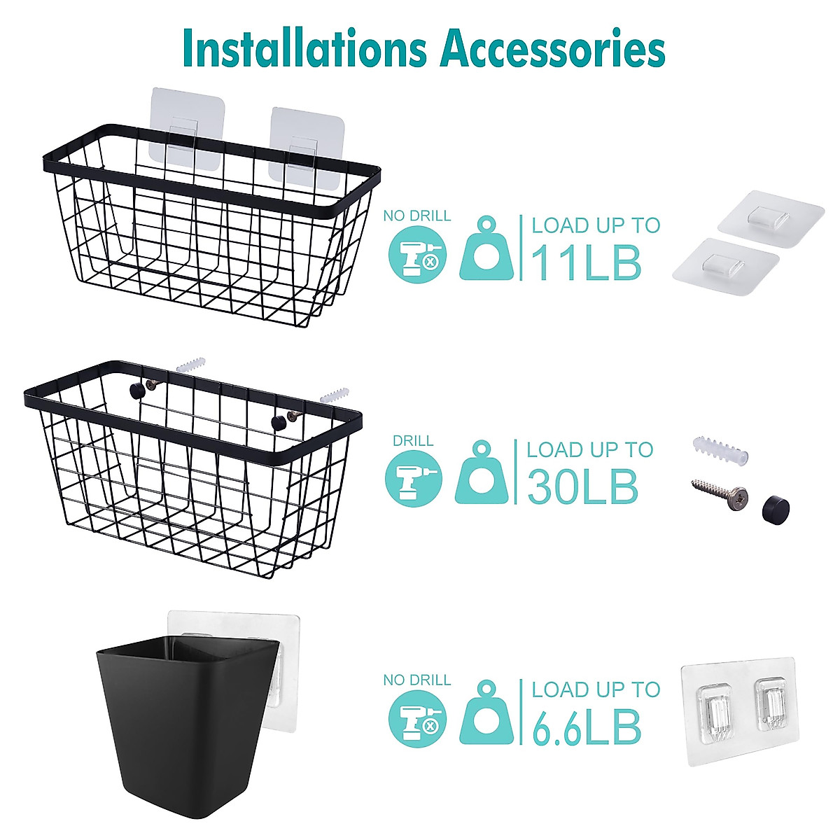 LIGHT DUST Wall Hanging Baskets - 8 Set Black Baskets & Cups Wire Basket Metal Wall Organizer Bins for Kitchen Pantry Cabinet Bathroom Shower Door RV [Included Adhesive Hooks & Wall Mounted Screws]