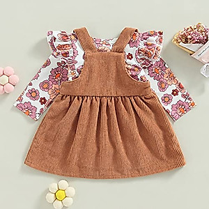Baby Girl Fall Clothes Cute Graphic Long Sleeve Romper Bodysuit and Corduroy Suspender Skirt Suit for 3 6 9 12 18 Months (A Brown, 12-18 Months)