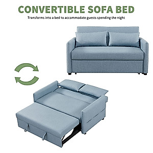 Aoowow Convertible Sleeper Sofa Bed 57 Inches, Faux Leather 2 Seats Sofa with Pull Out Bed,Loveseat Sofa Couch with Adjustable Backrest, 2 Pillows Pocket for Living Room Small Apartment (Sky Blue)