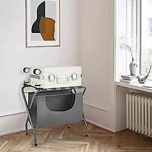 ELYKEN 2 Pack Luggage Rack with Laundry Bag, Guest Room Folding Space Saving Suitcase Holder, Max 110LBS Baggage Shelf with Heavy Duty Nylon Belts, Dirty Clothes Storage for Bedroom Hotel