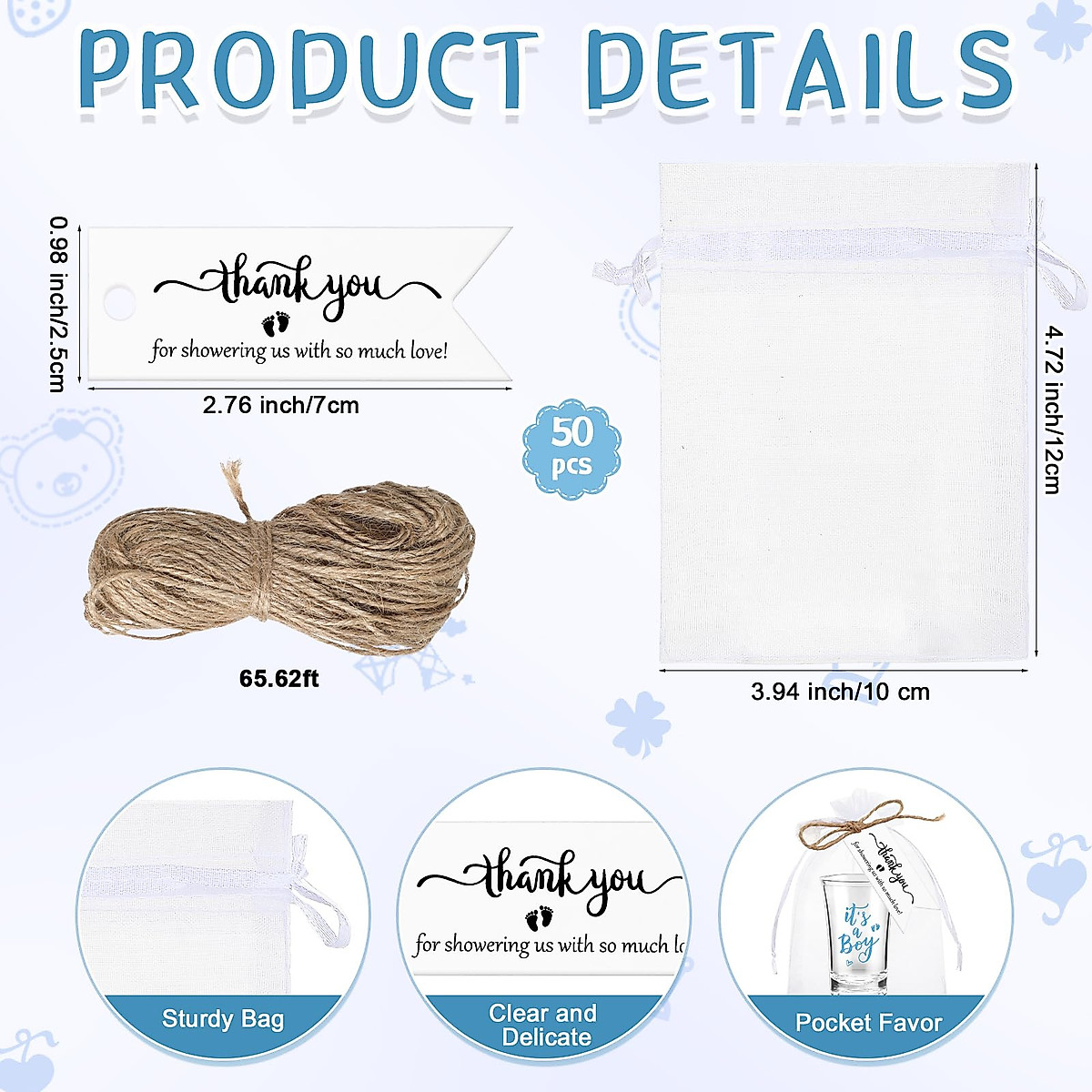 Pickmesh 50 Sets Baby Shower Favors Baby Boy Girl Theme Party Gift Include Short Glasses Acrylic Clear Shot Glasses Thank You Tag Organza Bag Twine Baby Shower Tea Party Favor for Gender Reveal (Boy)