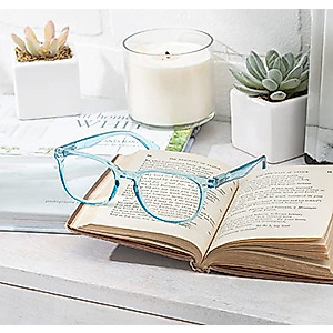 Rae Dunn "JUDY Blue Light Blocking Reading Glasses w/READ MORE Signature Font Microfiber Case (Crystal Dusty Blue, 2.0)