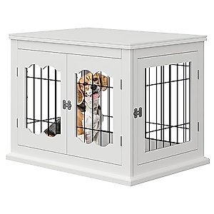 4NM Furniture Style Dog Crate with Cushion, Dog Kennel, Dog Cage for Small Medium Dogs, Indoor Aesthetic Puppy Kennel, Chew-Proof Metal Bars,Pretty Cute End Side Table Nightstand- White
