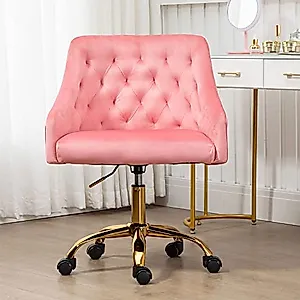 MOJAY Velvet Office Swivel Chair, Vanity Chair, Fabric Desk Chair, Pretty Fancy Chair, Gold Office Chair for Girls, 360°Swivel Height Adjustable Reception Chair (Peach)