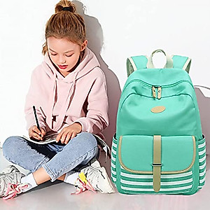 Joyfulife Girls Backpacks, School Backpack for Girls Lightweight Canvas Backpack Student Bookbags Stripe Backpack with Lunch Box 4 in 1