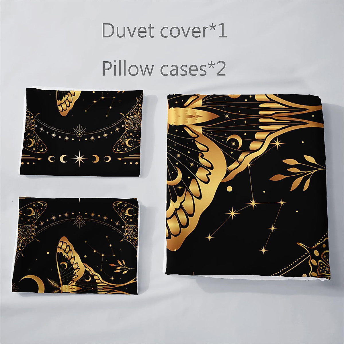 AILONEN Moth Duvet Cover Set Queen Size, Boho Sun and Moon Comforter Cover Set,Death Moth Duvet Cover with 2 Pillowcases, 3 Pieces