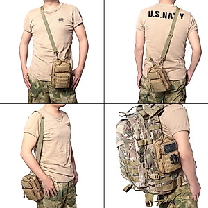 Tactical Molle Pouch Compact EDC Tool Pouch Bag Mini Utility Pouch with US Flag Patch, Shoulder Strap & Two D-Rings (Tan)