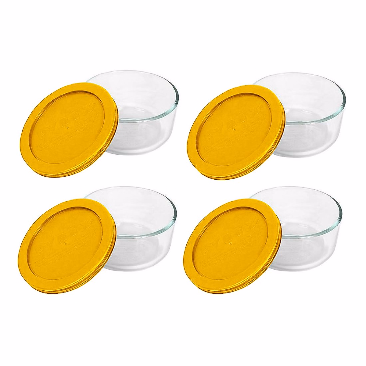 Pyrex Storage Plus 2-Cup Round Glass Food Storage Dish, Yellow Cover (4 Pack) Made in the USA
