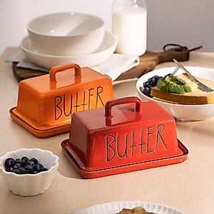 Sweejar Ceramic Butter Dish with Handle Lid, 7.3 Inch Porcelain Large Butter Keeper with Cover, Perfect for East/West Butter (Red)