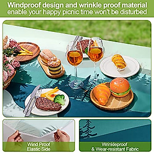 Picnic Table Cover with Bench Covers Camping Essentials Waterproof Windproof Camping Tablecloth with Drawstring Bag, Fitted Rectangle Tables and Seats, 72in, Green Blue
