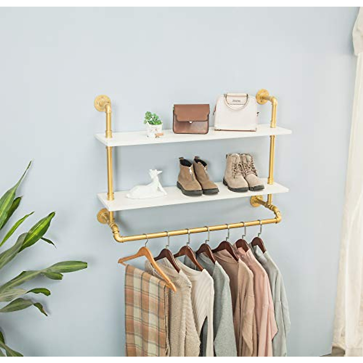 FOF FRIEND OF FAMILY Industrial Pipe Garment Rack with Double Tier shelves, Wall Mounted Clothes Rod for Clothing Storage, Gold&White Color, 40" Wide