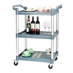 QWORK Plastic Utility Cart with Wheels Lockable, 3-Tier Rolling Push Cart Bus Cart for Restaurant, Kitchen, Gray