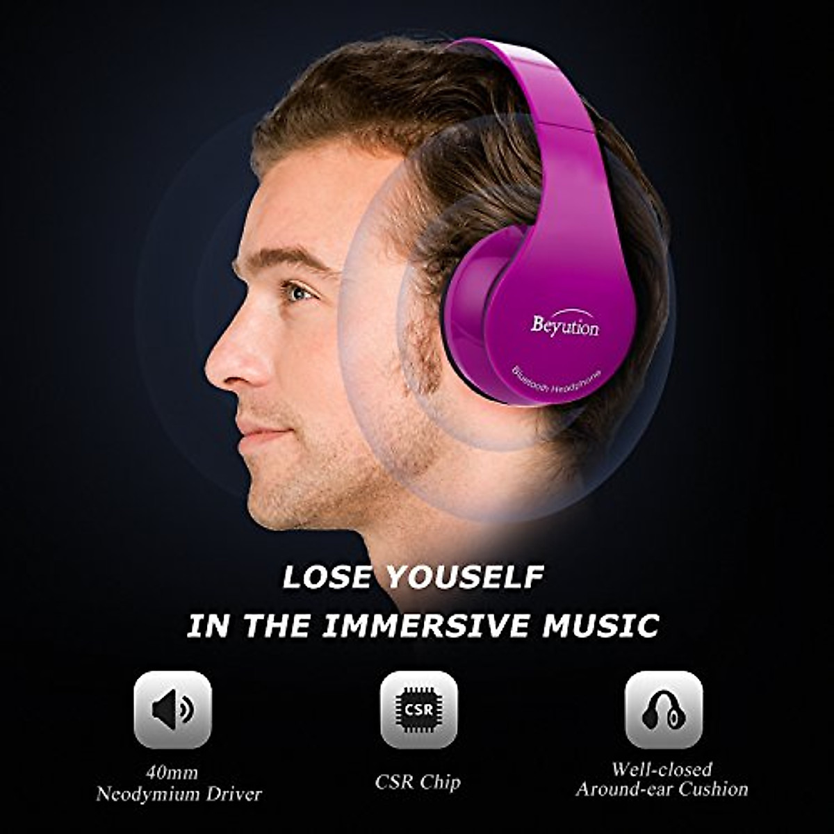 deep Purple Hi-Fi Over-Ear Stereo Bluetooth Headphones Built in Mic-Phone Talk with Phone or Listen Music Clearly, Built Noise Cancellation Technology, with Retail Package!