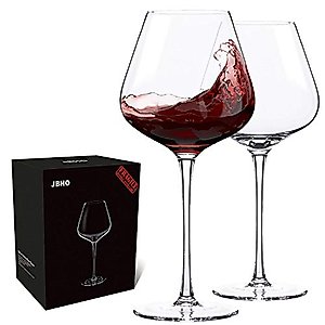 JBHO Hand Blown Italian Style Crystal Burgundy Wine Glasses - Lead-Free Premium Crystal Clear Glass - Set of 2-21 Ounce - Gift-Box for any Occasion