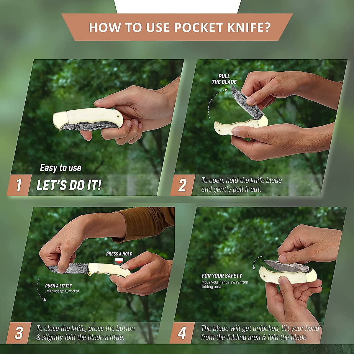 Best.Buy.Damascus1 Damascus knife - Pocket Folding Knife - Blue Wood Handel - damascus Knife - Damascus Pocket knife - Knife for Men - Knives - Good For Camping Hunting knife men - Mens Gift (Camel)