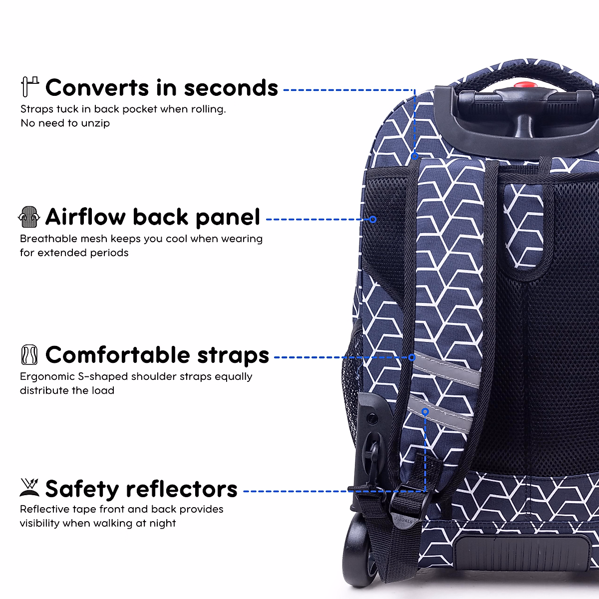 J World New York Sundance Rolling Backpack Girl Boy Roller Bookbag, Black and White, 20 X 13 X 9 (H X W X D)