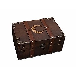 Gbrand 8.3" Wood and Leather Celtic Moon Chest Box, Crescent Wooden Box with Velvet Lining, Vintage Tarot Box (Box Only)