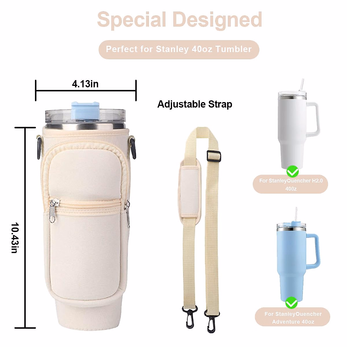 OLNIEZZL Water Bottle Carrier Bag Compatible with Stanley 30 40oz Tumbler with Handle, Water Bottle Holder with Adjustable Shoulder Strap for Travel Hiking (Cream)