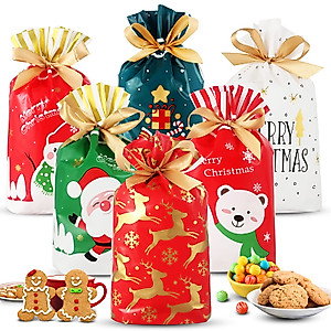 Heniho 60pcs Christmas Treats Bags, 4”x 6” Drawstring Candy Cookie Bags Gift Party Favors