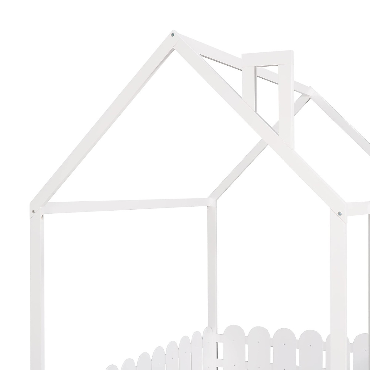 Harper & Bright Designs House Full Bed for Kids, Full Size Bed Frame with Pine Wood Roof, Fence-Shaped Guardrails, Cabin Bed, Floor Bed for Kids, Teens (White, Full Size)