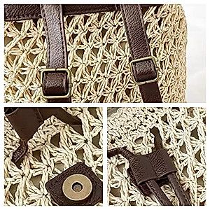 WIGUYUN Straw Crochet Backpack Purse Casual Beach Holiday Shoulders Bag Woven Flap Drawstring Daypack Beige