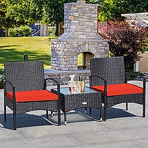 Tangkula 3 Pieces Patio Wicker Rattan Furniture Set, Rattan Chair with Coffee Table, High Load Bearing Chair Conversation Sets for Patio Garden Lawn Backyard Pool