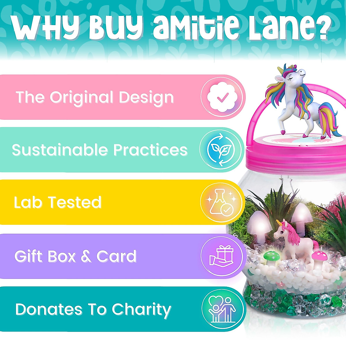 Amitié Lane Light-Up Unicorn Terrarium Kit for Kids - Birthday Gifts for Girls - Creative Unicorn Toys & Craft Kits Presents - Arts & Crafts Fun for Little Girls Age 4 5 6 7, 8-12 Year Old Girl Gift