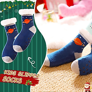 SeeyAN Kids Slipper Socks Fuzzy Socks For Boys Girls Warm Thermal Winter Non Slip Home Socks With Grips (Dark Blue, 5-8 Years)