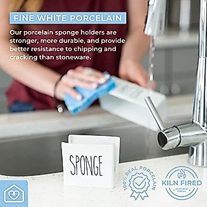 Heartland Home Porcelain Sponge Holder for Kitchen Sink. Compact Sink Caddy Organizer - Scouring Pad and Dish Sponge Holder. Ceramic Black and White Kitchen Decor and Cute Kitchen Accessories