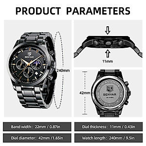 BY BENYAR Men's Watches Analog Quartz Chronograph Waterproof Stainless Steel Wrist Watches for Men Business Work Casual Sport Black Mens Dress Watch Unique Elegant Gifts for Men