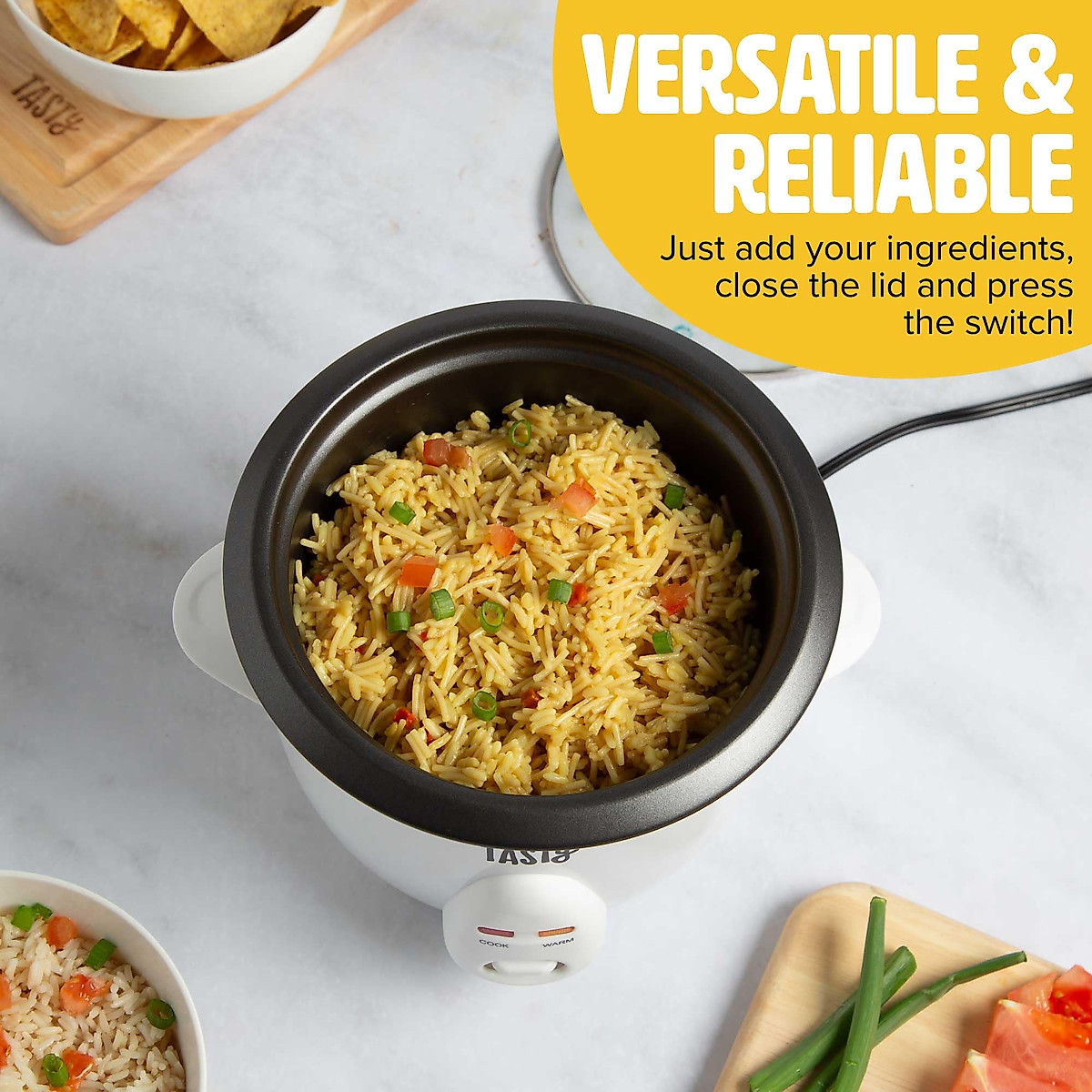 Tasty Mini Rice Cooker with Removable Nonstick Bowl and Auto Keep Warm Function, Great For Soups, Stews, Grains and Oats, 6 Cups Cooked (3 Cups Uncooked), 1.5-Quart, White