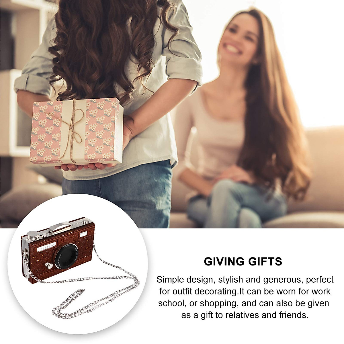 TENDYCOCO Camera Shaped Crossbody Bag Wide Shoulder Bag Square Bag Camera Bling Purse Unique Design for Daily Storage