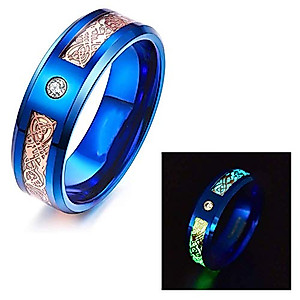 Generic 8mm Glow in The Dark Dragon Ring Royal Blue Stainless Steel Wedding Band Celtic Dragons Aurora Luminous Ring (10)