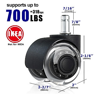 Office Chair Wheels,2 Inch Replacement for Hardwood and Carpet Floors, Heavy Duty Quiet Computer Desk Chair Casters, Universal Caster Wheels Size(11x22 mm), Set of 5