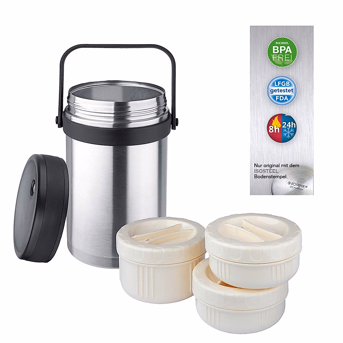 Isosteel VA-9683 1.5 liter 51 fl. oz 18/8 Stainless Steel Double-Wall Vacuum Food Container incl. 3 plastic containers