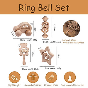 HI BABY MONMENT Wooden Baby Toys Set, Wooden Rattle Set,4PC Handmade Wood Toys,Baby Wooden Toys 36+ Months,Montessori Toys with Wood Car Baby Rattles,for Boys and Girls