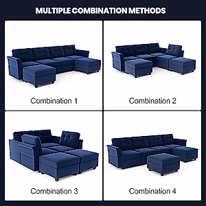 Belandi Modular Sectional Sofa Couch, U-Shaped Sleeper Couch with Reversible Chaise, Modular Sectionals with Ottomans, 6-Seat Sofa Set with Storage for Living Room, Blue