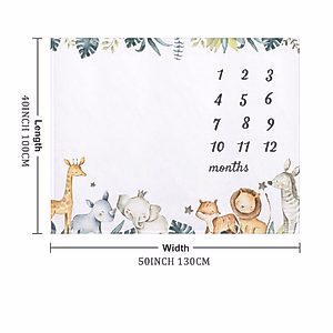 VLANMON Baby Milestone Blanket Monthly Forest Boho Safari Lion Elephant Rhino Giraffe for boy Girl Newborn Growth Chart Tracker Photography Background Newborn Photo Prop Months Blanket