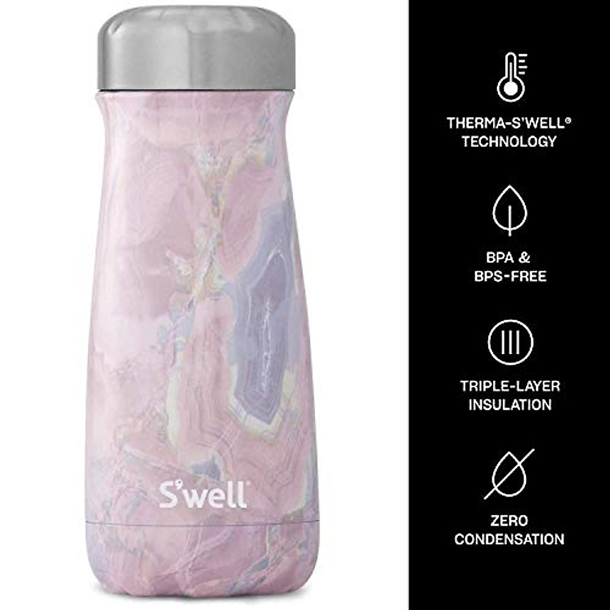 S'well Stainless Steel Traveler - 16 Fl Oz - Geode Rose - Triple-Layered Vacuum-Insulated Travel Mug Keeps Coffee, Tea and Drinks Cold for 24 Hours and Hot for 12 - BPA-Free Water Bottle