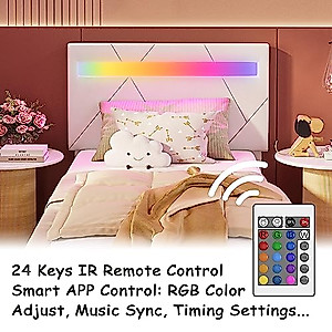 LIKIMIO Twin Bed Frame with LED Lights(Smart APP Control), PU Leather Upholstered Platform Bed with Headboard, No Box Spring Needed/Noise-Free/Easy Assembly, White
