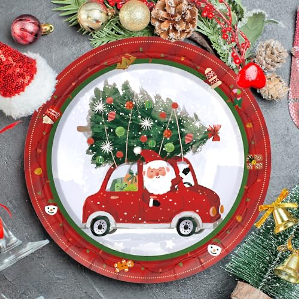 Homlouue 200 Pcs Christmas Paper Plates and Napkins, Santa Claus Car Red and White Plates and Napkins Disposable, Christmas Dinner Serves 50 Guests, Party Table Decorations