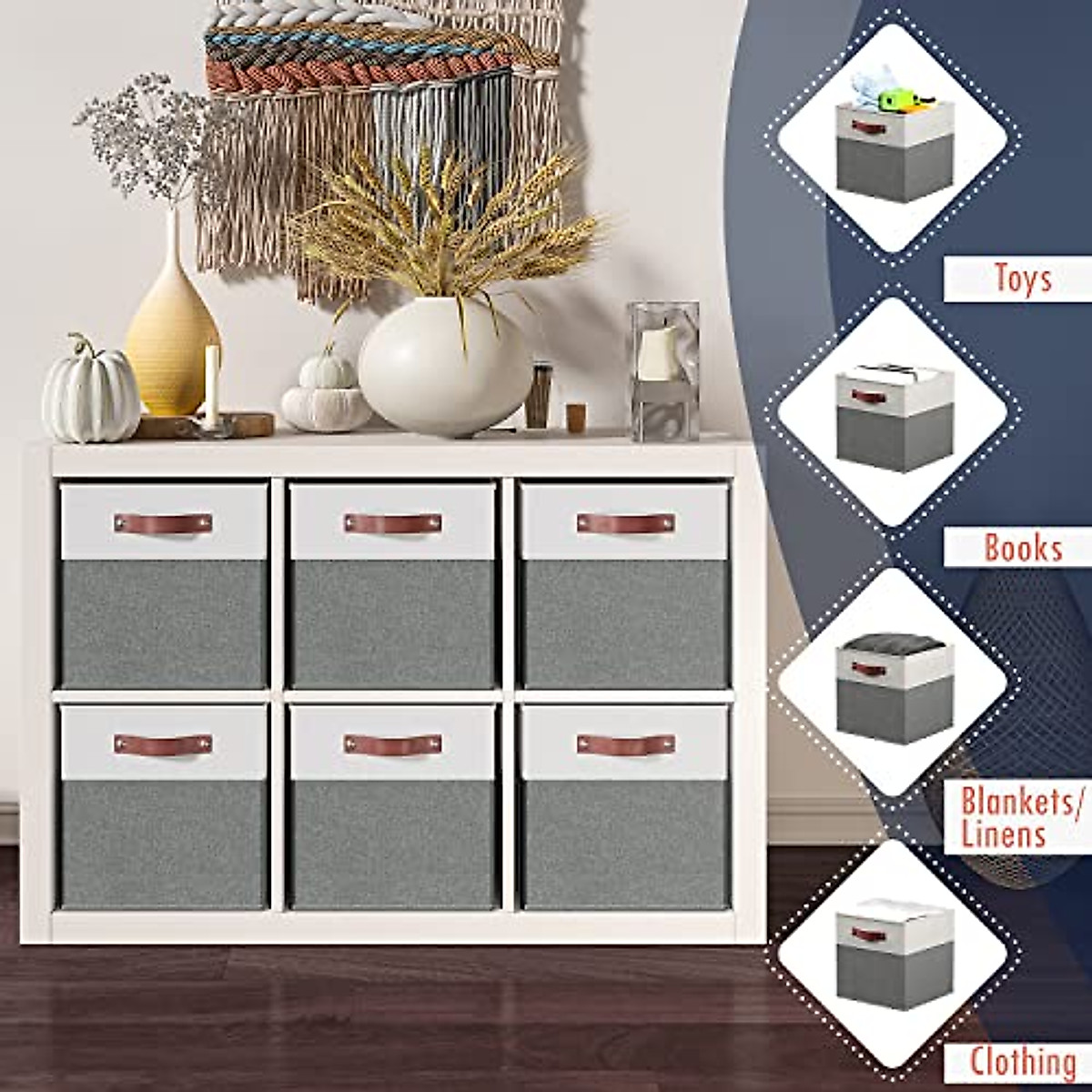 Ornavo Home Foldable Collapsible Storage Box Bins Linen Fabric Shelf Basket Cube Organizer with Leather Handles - Set of 6 - 13 x 13 x 13 - White/Gray