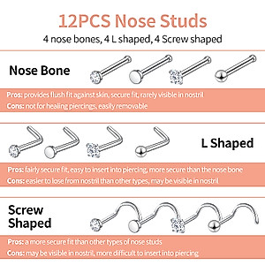 18PCS L Shaped Nose Studs, Surgical Steel Nose Piercing Jewelry, Nose Screw Pack, Endless Hoop Nose Rings for Women and Men, Body Jewelry Set with 6mm 8mm 10mm Hoops