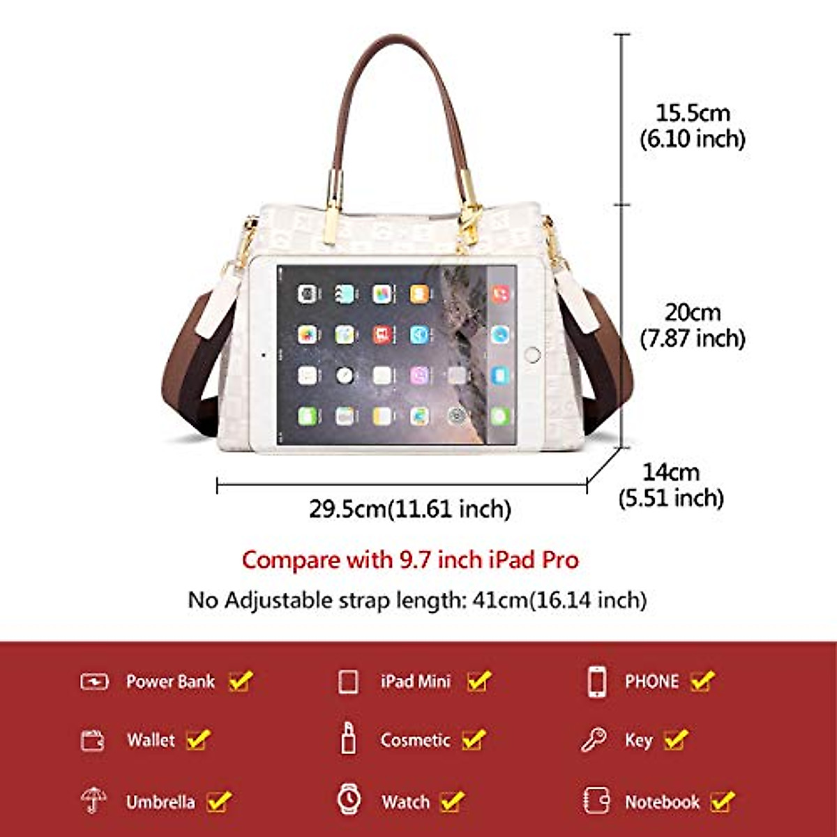 FOXER Leather Satchel Handbags for Women, Split Cowhide Alphabet Pattern Ladies Signature Top-handle Bag with Nylon Shoulder Strap Womens Fashion Purses and Handbags Women's Medium Tote (White)