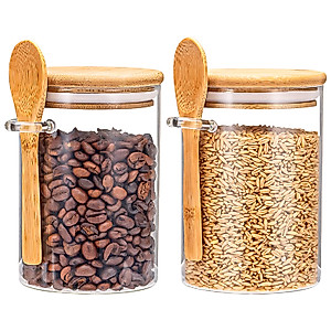 Airtight Food Storage Containers, Glass Storage Canister with Wooden Spoon and Lids ,15OZ Glass Jars with Lids,Glass Jar for Serving Bath Salt Sugar Spice Coffee Tea Cereals Condiment Food (1 set)