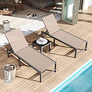 Amopatio Patio Chaise Lounge Set of 3, 24.4" Wider Outdoor Lounge Chairs with Table, Textilene Pool Chaise Lounge for Sun Tanning Lay Flat Poolside Lounger for Beach, Lawn, Brown
